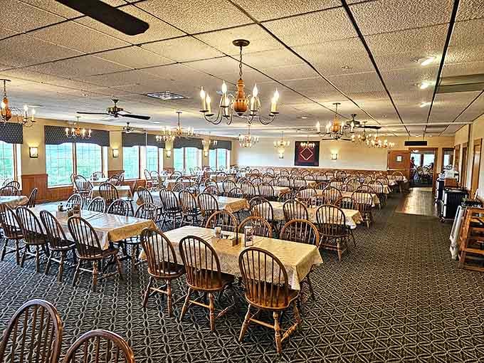 Chandeliers and Windsor chairs create the perfect setting where comfort meets tradition in the most delicious way possible.
