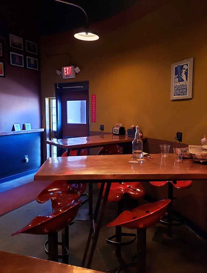 Those red tractor-seat stools aren't just quirky, they're surprisingly comfortable for settling in with your burger.
