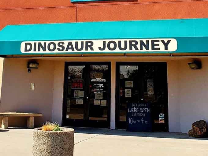 The turquoise awning beckons like a portal to another time, when these creatures ruled the very ground you're standing on.