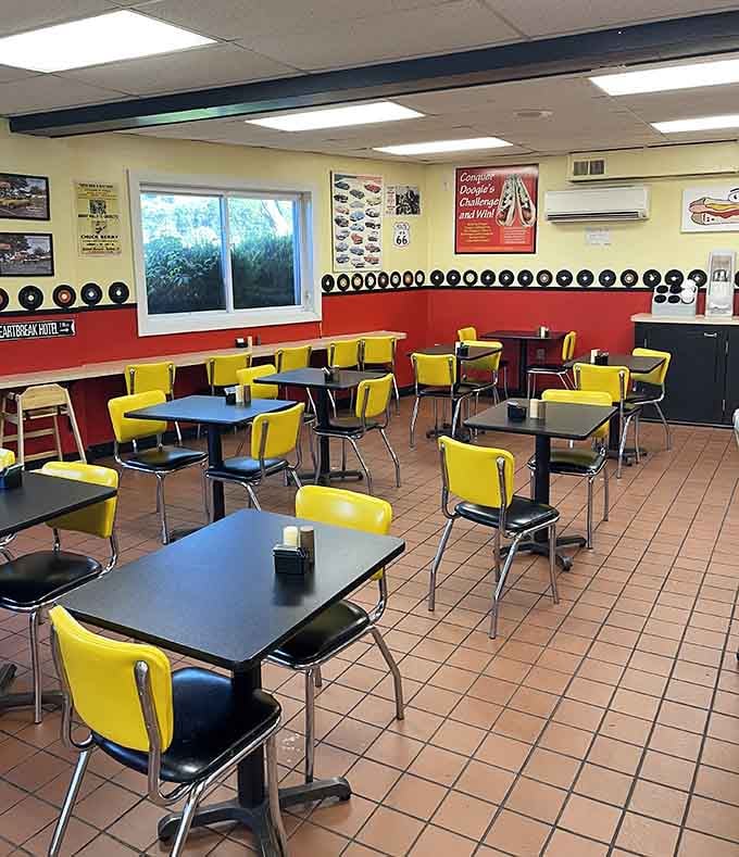 Yellow chairs and vinyl records create a time machine where the only destination is delicious happiness.