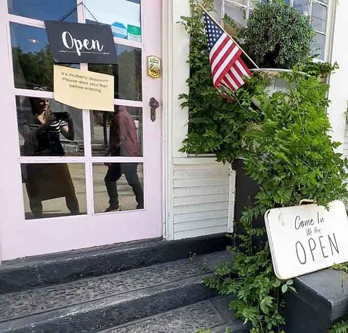 Mind the mulberry blossoms! This entrance isn't just a doorway&mdash;it's a portal to decades past, complete with patriotic flair.