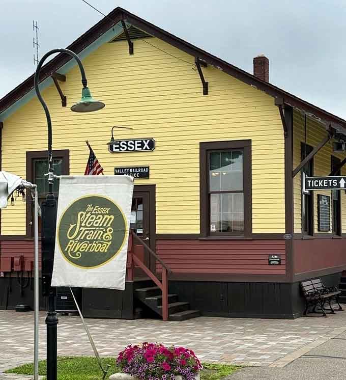 The cheerful yellow Essex Station depot welcomes visitors like a scene straight from a classic American postcard come to life.
