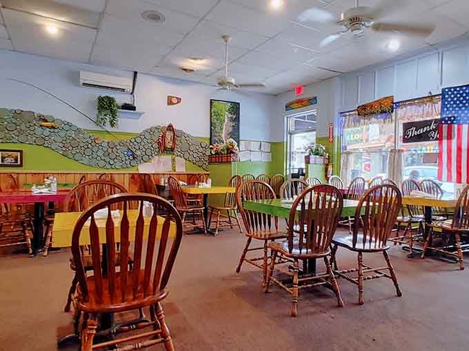 Wooden chairs and cheerful walls create the kind of atmosphere where calories don't count and worries disappear with coffee.