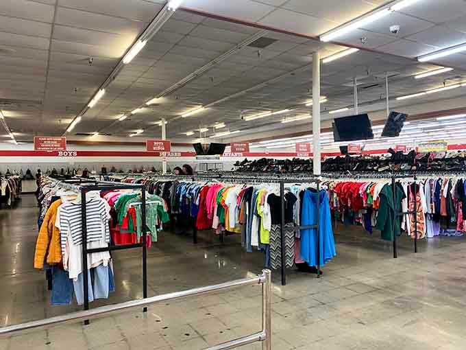 Every color of the rainbow waits patiently on these racks, ready to transform someone's wardrobe for pocket change.