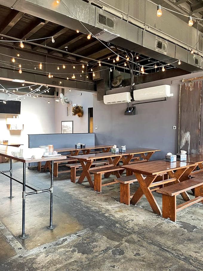 Industrial-chic meets down-home comfort with string lights that would make even your fanciest dinner party jealous.