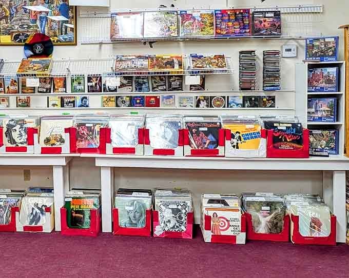 Vinyl records organized like a DJ's fever dream, where your favorite album is definitely hiding somewhere.