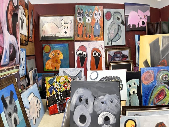 Where else can you find a gallery of wide-eyed animal art that looks like the creatures just realized they're hanging in an antique mall? Each canvas tells a story of charming artistic enthusiasm.