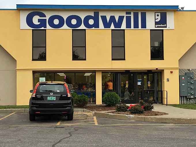 Where one person's "no longer sparks joy" becomes another's "can't believe I found this!" – the yellow-fronted Goodwill stands ready for your thrifting adventure.