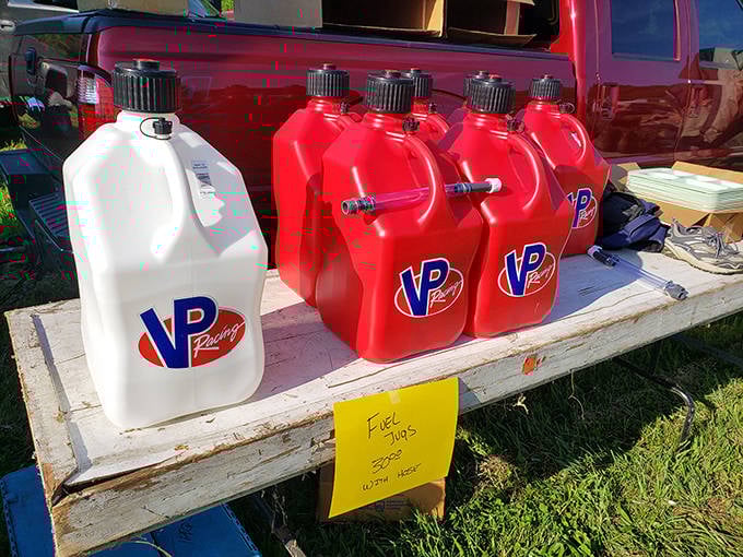 VP Racing fuel jugs &ndash; the unexpected collector's item that transforms garage shelves from mundane storage into nostalgic racing shrines.