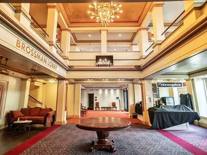 The Brossman Lobby proves elegance never goes out of style, just gets better with age and chandeliers.