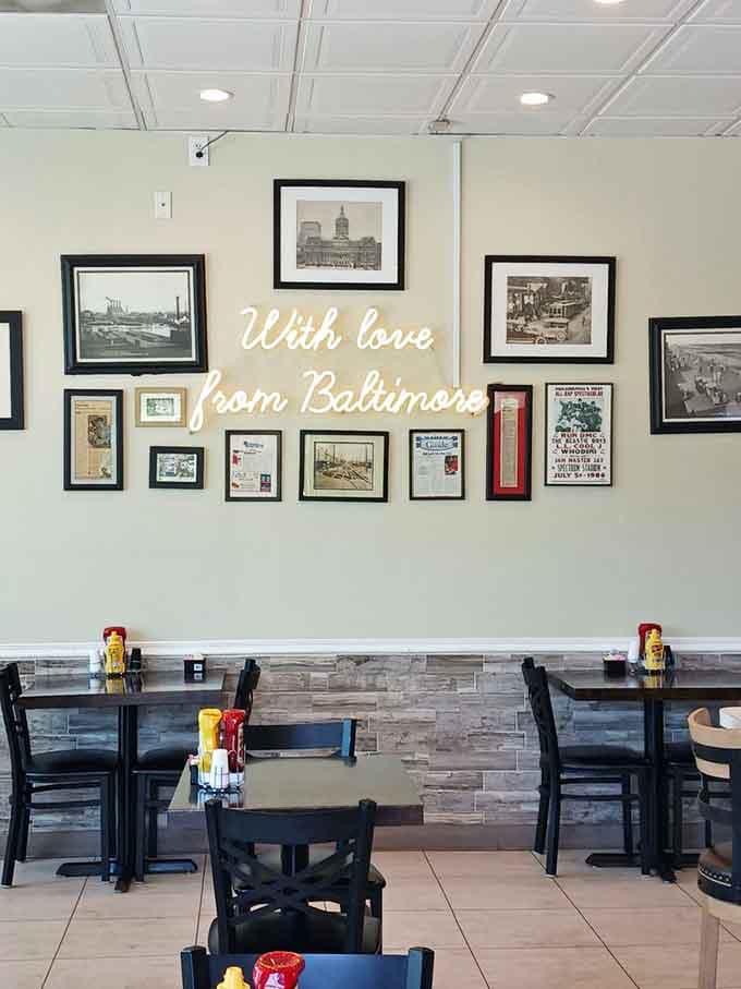 Vintage Baltimore photographs line the walls like a love letter to the city's storied past.