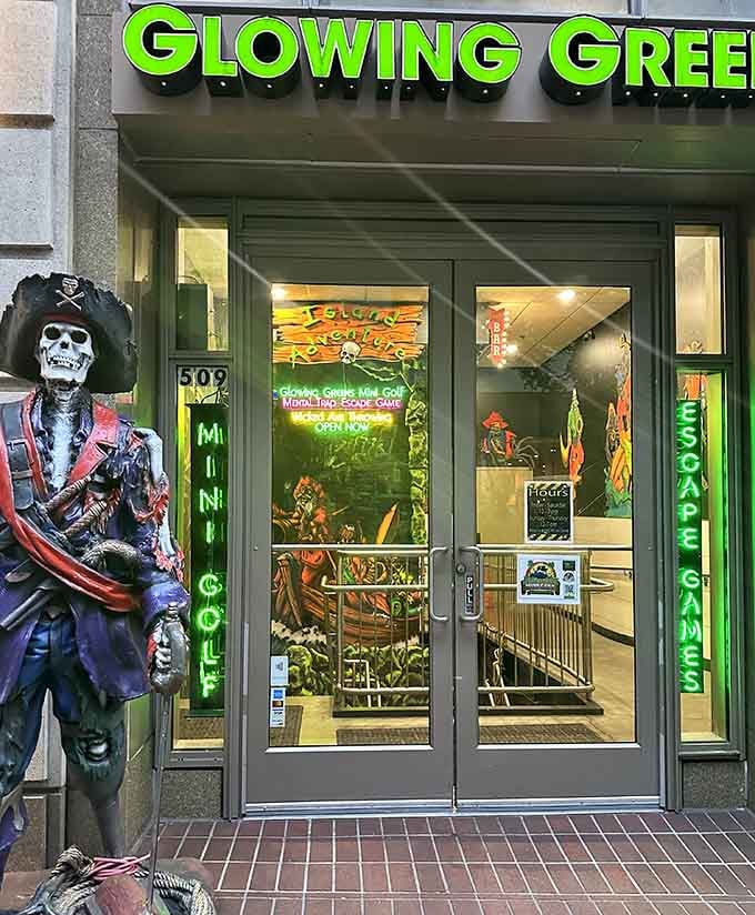 That pirate skeleton has been standing guard longer than you've been looking for downtown parking.