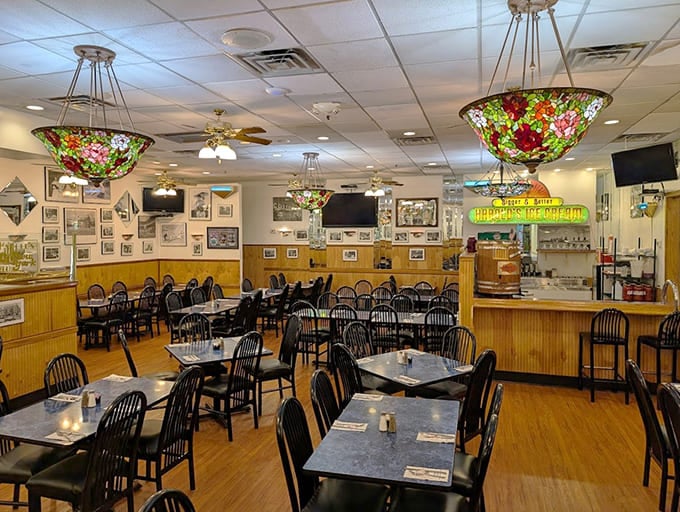 Tiffany lamps and classic deli charm create the perfect setting for your impending food coma.