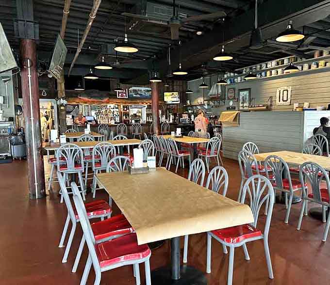 Brown paper tablecloths and casual seating mean one thing: you're about to get gloriously messy with some crabs.