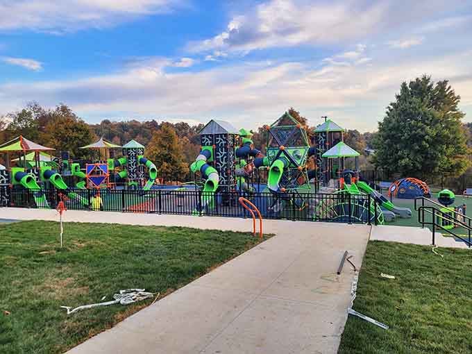 Golden hour light bathes the entire complex, turning playtime into something almost magical for families.