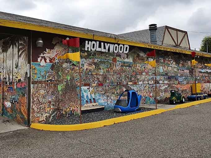 This vibrant mural celebrates California culture with more colors than a vintage Woodstock poster, Route 66 style.