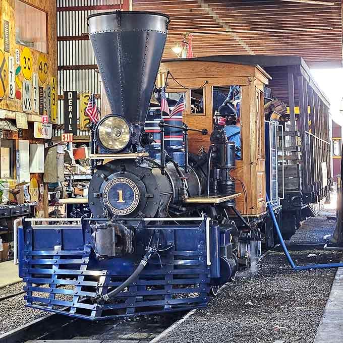 Inside the museum's display area, this meticulously restored steam engine stands ready, as if waiting for its next journey across the Indiana countryside.