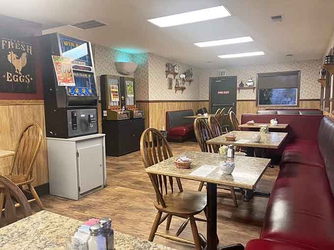 Classic diner charm at its finest&mdash;wooden wainscoting, red booths, and the promise of comfort food that makes Monday mornings bearable.