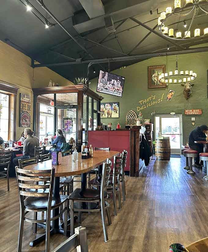 Inside, rustic chandeliers and that iconic "That's Delicious!" wall sign aren't just decor&mdash;they're promises Josie's keeps with every plate.