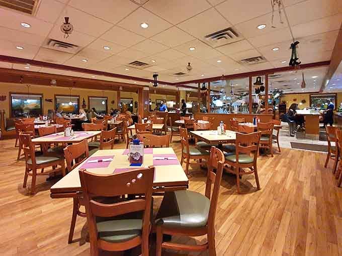 Warm wood tones and spacious seating create an island vibe that makes you forget you're in Elizabeth.