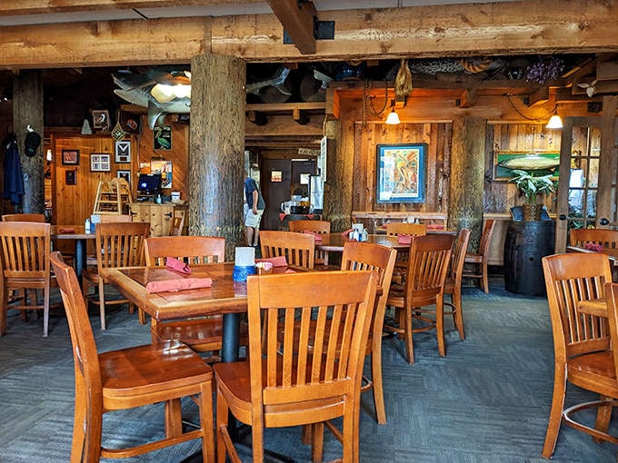 Tree trunk pillars and wooden beams create the feeling you've wandered into a magical cabin where seafood and steaks are the currency of choice.