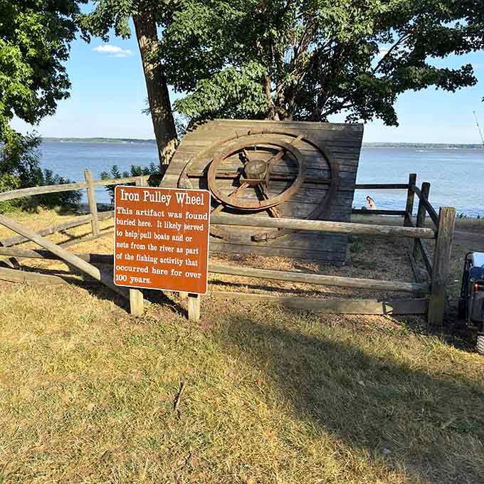 History you can touch! This centuries-old iron pulley wheel once hauled boats and nets from the river, now it hauls in history buffs and curious minds.
