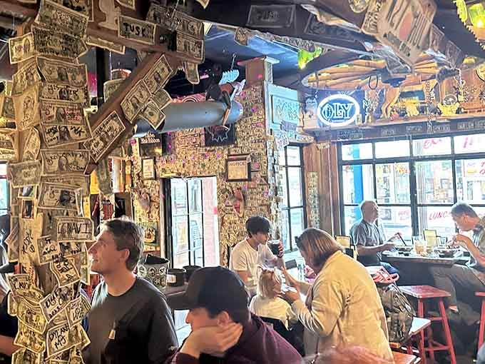 Inside Jack Brown's, every surface tells a story, and the ceiling's having the loudest conversation.