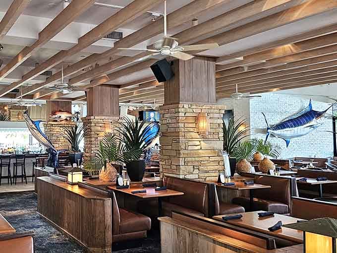 Nautical decor meets comfortable booths in an interior that says "relax, you're in good hands here."