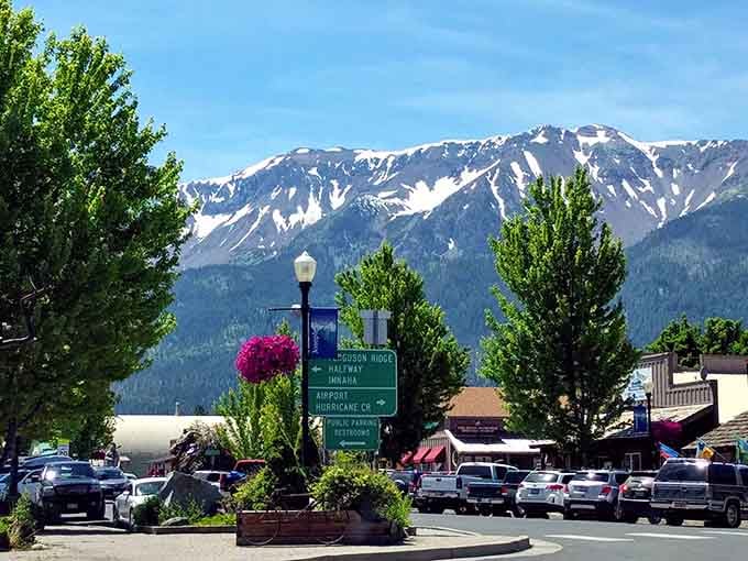 Main Street with a view that makes you forget you're supposed to be running errands, not staring slack-jawed at peaks.