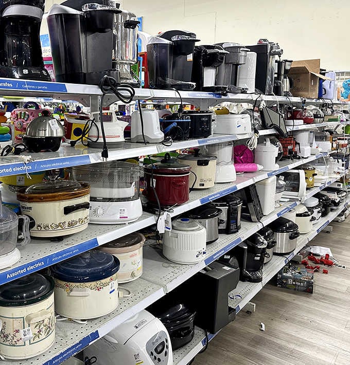 Kitchen appliance heaven! From vintage slow cookers to modern coffee makers, this aisle promises second chances for abandoned culinary dreams.