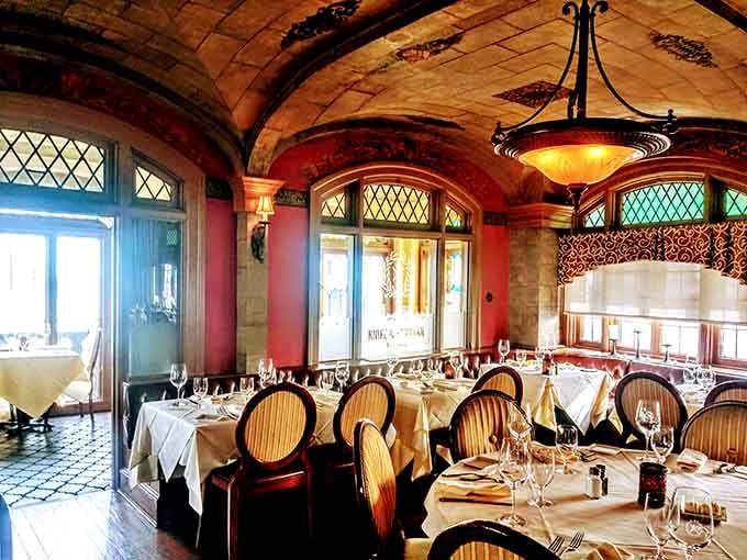 Those vaulted ceilings and arched windows create an atmosphere that makes every meal feel like a special occasion worth celebrating.