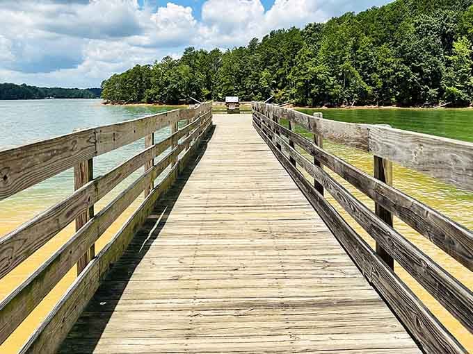 This wooden fishing pier stretches into forever, inviting contemplation, casting lines, and absolutely zero rushing around.