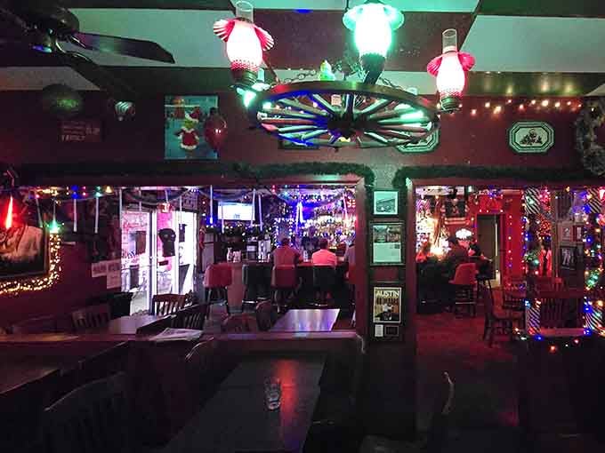 Inside looks like Santa's workshop exploded in the best possible way, with tinsel everywhere.