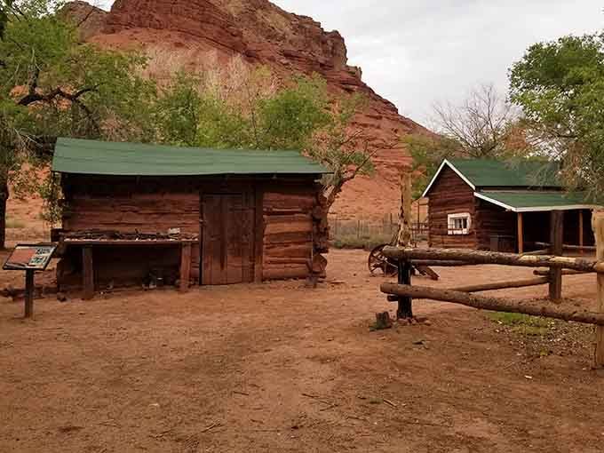 Weathered timber cabins with green metal roofs standing strong against desert elements since before your great-grandparents were born.