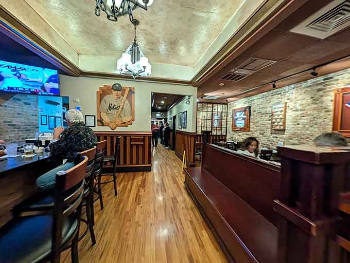 Wood paneling and warm lighting create the kind of cozy atmosphere where calories don't count, right?