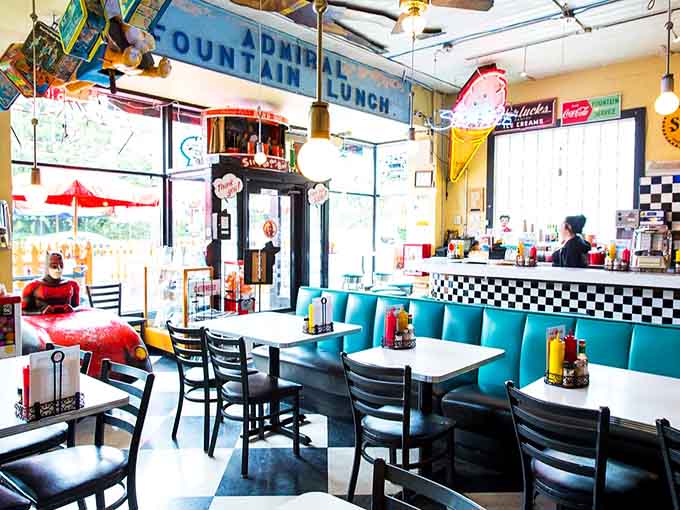 Step inside and suddenly your smartphone feels wildly out of place among all this glorious turquoise vinyl and chrome.