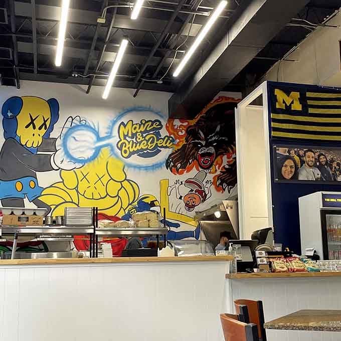Vibrant murals and Wolverine pride cover every inch, making this deli feel like a delicious museum of Michigan fandom.