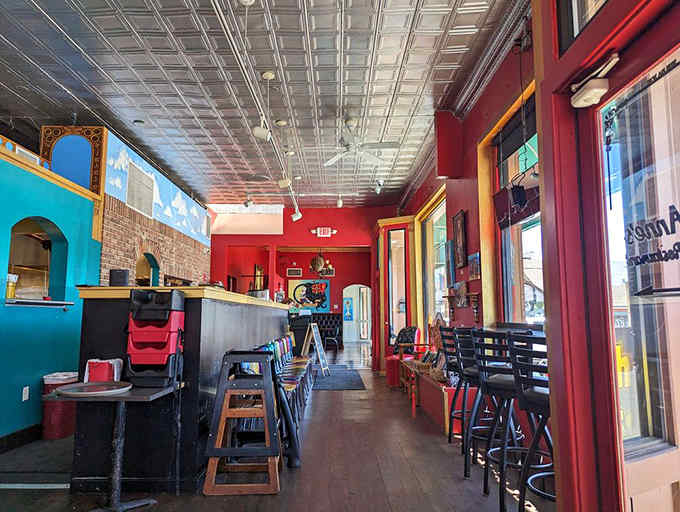 Bold colors and tin ceilings create a space where your pancakes taste better just from the ambiance.