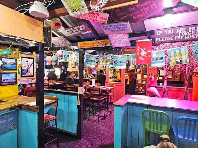 Walking into this riot of color and signs feels like stepping inside a jukebox that serves burgers.