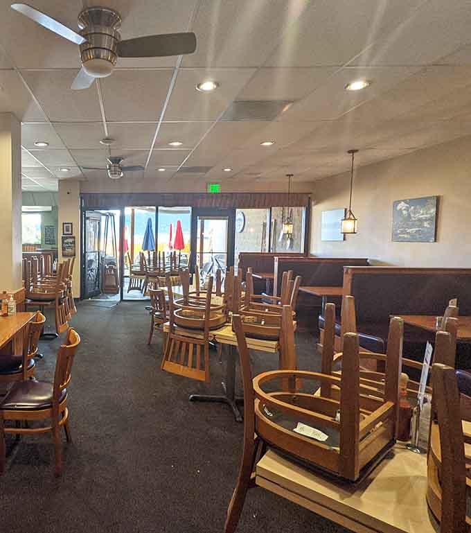 Simple wooden chairs and booths where breakfast dreams come true, one fluffy pancake at a time.