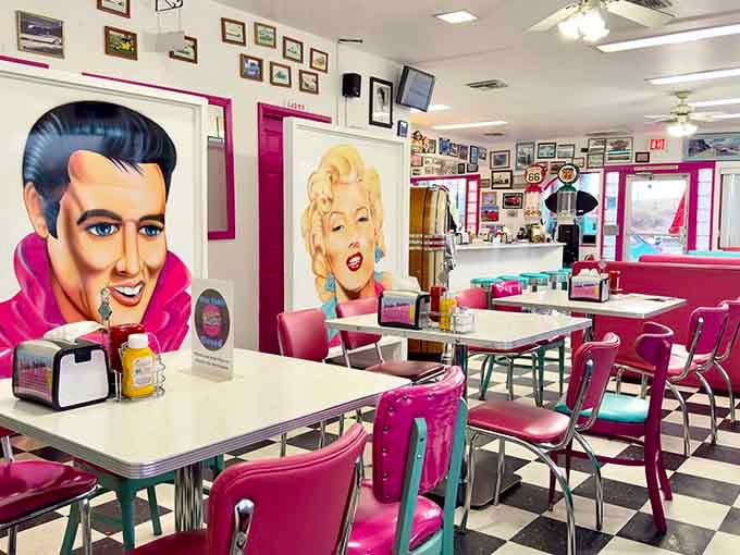 Elvis and Marilyn oversee your meal like benevolent retro deities watching over their devoted diner disciples below.