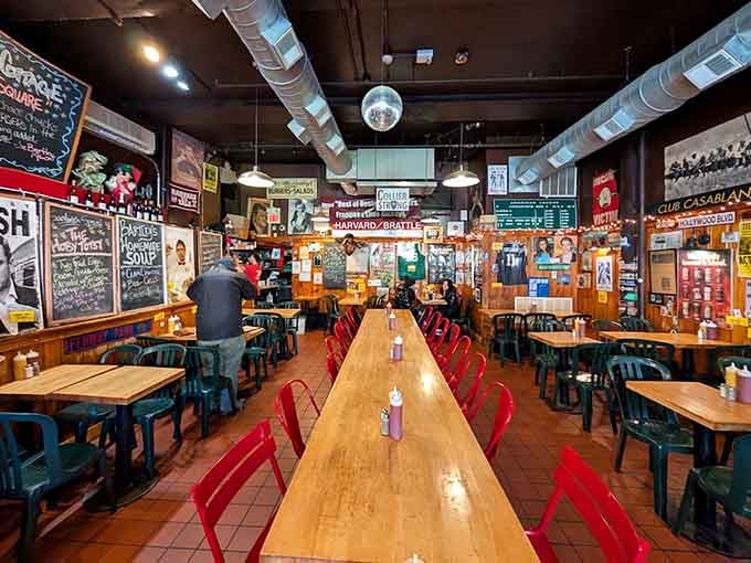 Long communal tables where strangers become friends, united by their mutual appreciation for seriously good burgers.