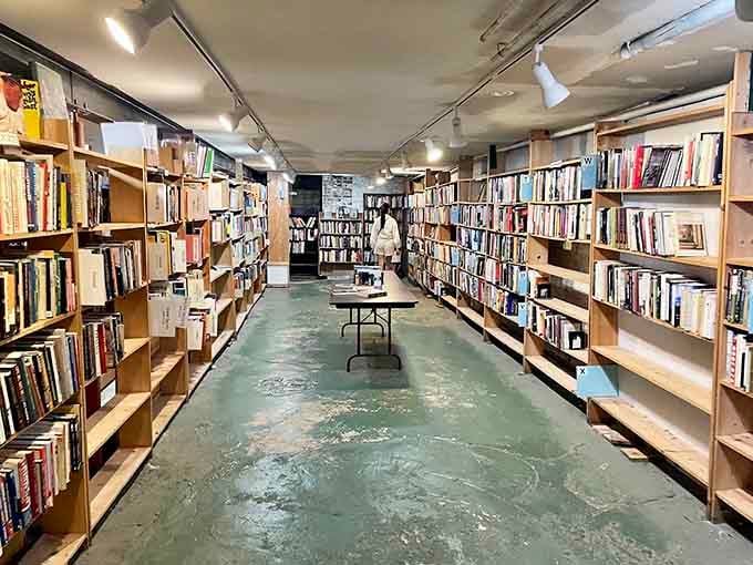 That painted floor tells stories of thousands of footsteps wandering between shelves, searching for the perfect read.