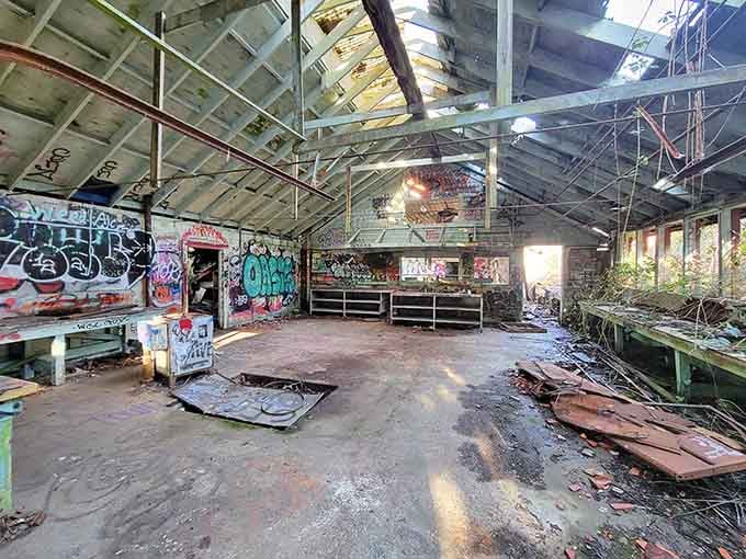 Light streams through broken windows, transforming this abandoned dairy barn into an unexpected cathedral of industrial beauty.