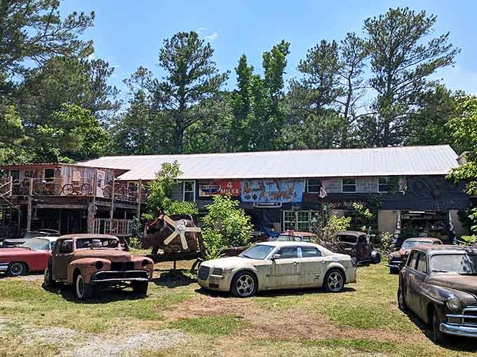 The main building stands guard over decades of American automotive dreams slowly returning to earth.