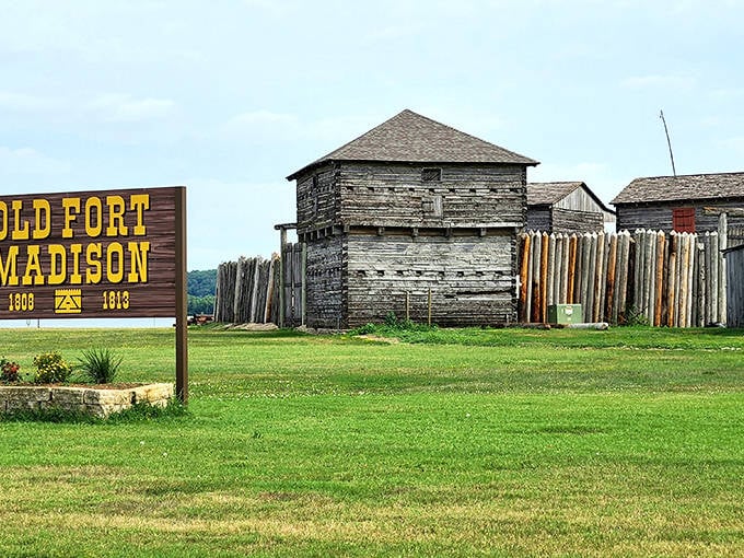 Old Fort Madison stands as a wooden time capsule, its weathered logs and palisade fence transporting visitors back to frontier America.