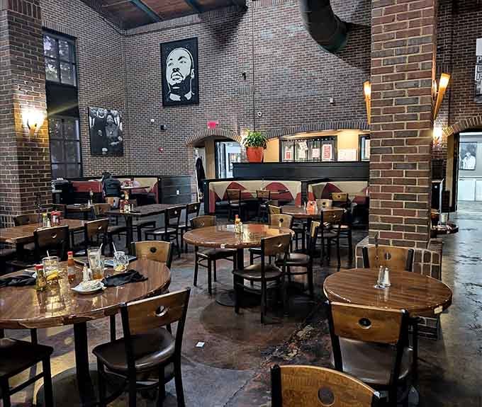 Exposed brick and warm lighting create an atmosphere that feels both historic and inviting for today's diners.