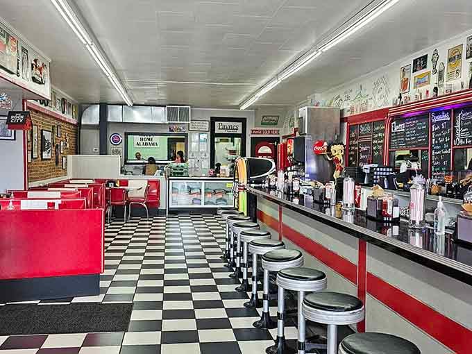 Chrome stools, checkered floors, and red booths create a diner trifecta that Instagram wishes it could replicate authentically.