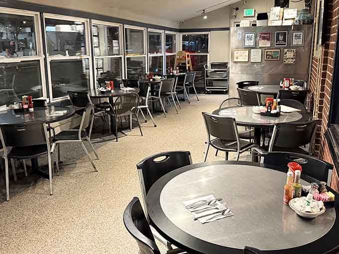 Chrome chairs and speckled floors create an atmosphere where Elvis would feel right at home.