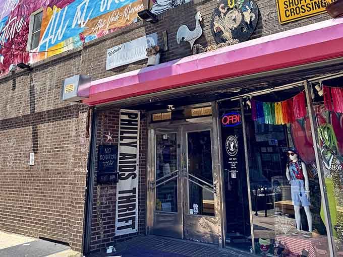 The colorful storefront promises adventure inside, like a carnival for secondhand shoppers who know the good stuff when they see it.